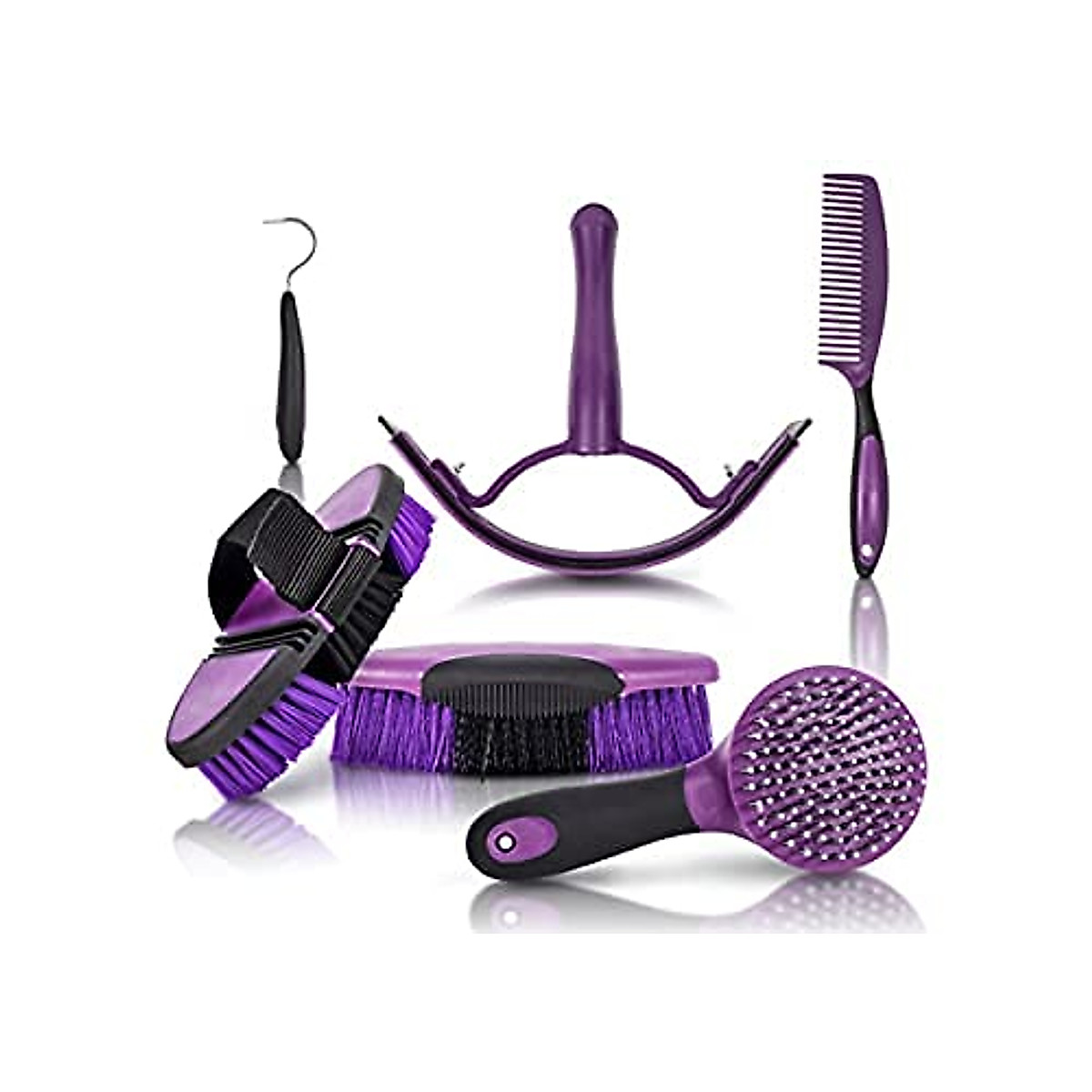 7-Piece Horse Grooming Kit with Organizer Tote Bag, Tack Room Supplies Set with Assorted Hair and Curry Brushes, Hoof Pick, and Sweat Scraper, Great Groomer Gift, Horse Riders, Beginner, Advanced, Purple OR Blue Avail