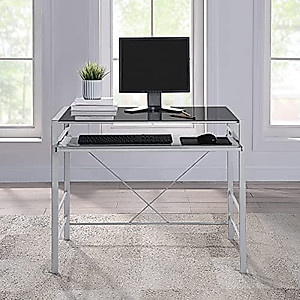 OSP Home Furnishings Zephyr Computer Desk with Keyboard Shelf and Tempered Glass Top, Black Glass and Silver Frame