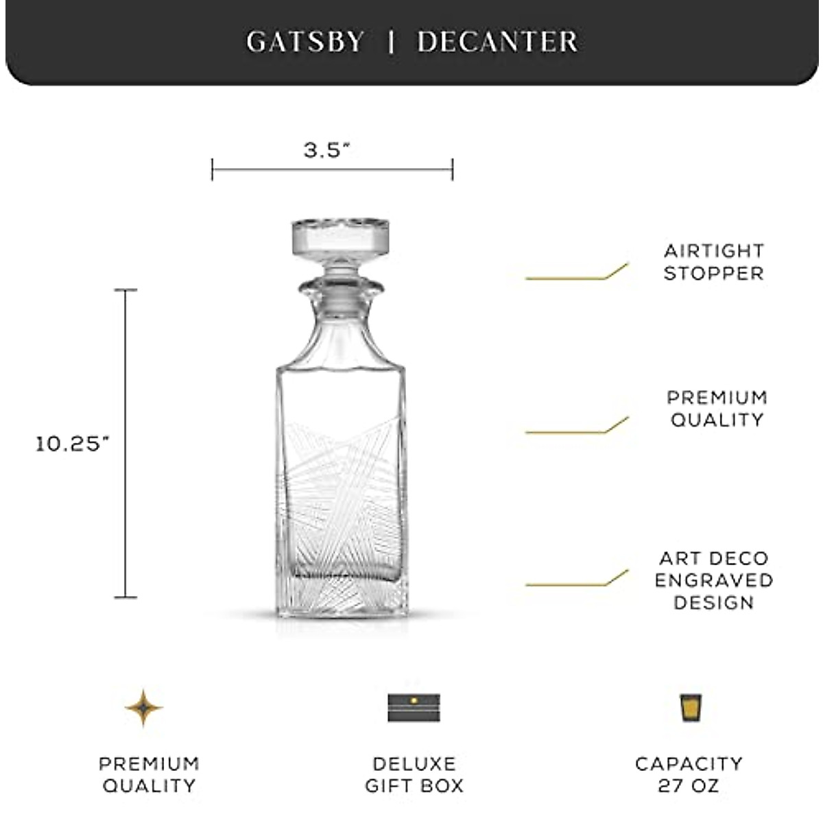 JoyJolt Gatsby Glass Whiskey Decanter. 27 oz Airtight Liquor Dispenser. Liquor Decanter with Stopper. Art Deco Bottle for Whisky, Bourbon, Scotch, Brandy, Cognac, Rum and Bar Cart Accessories