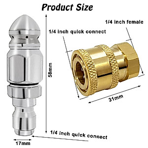 2 Pack 5000 PSI Sewer Jet Nozzle with Pressure Washer Coupler, Stainless Steel 1/4 Inch Pressure Washer Drain Jetter Hose Nozzle and Brass Fittings Quick Connector, 1/4'' Quick Connect to Female NPT