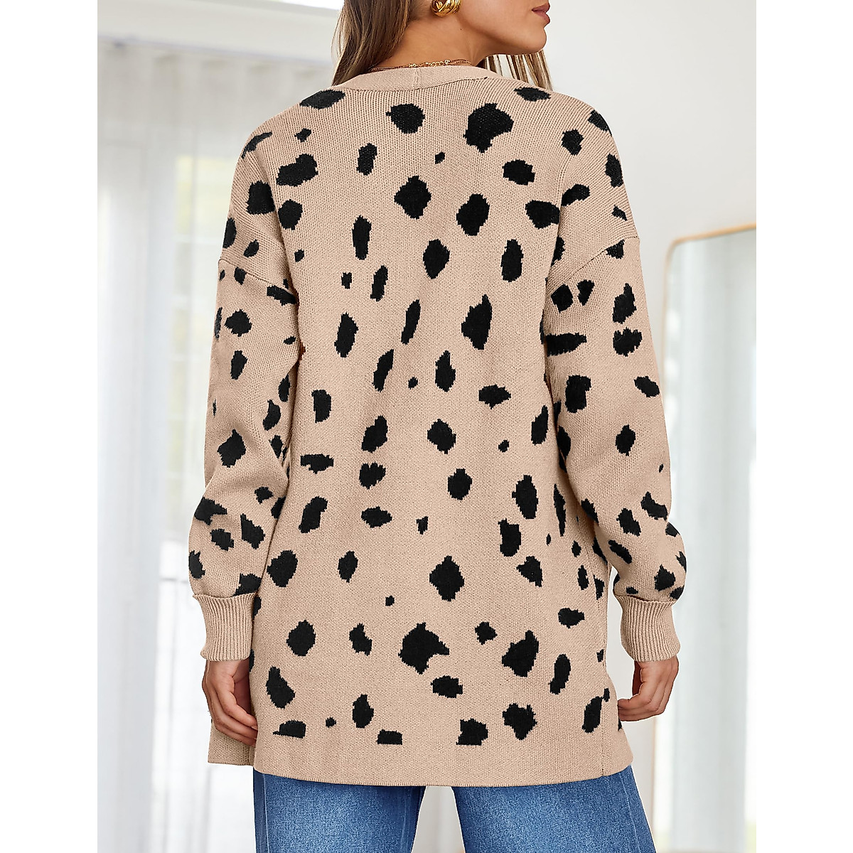 ZESICA Women's Fall Winter Long Sleeves Open Front Leopard Print Knitted Sweater Cardigan Coat Outwear,A Beige,Medium