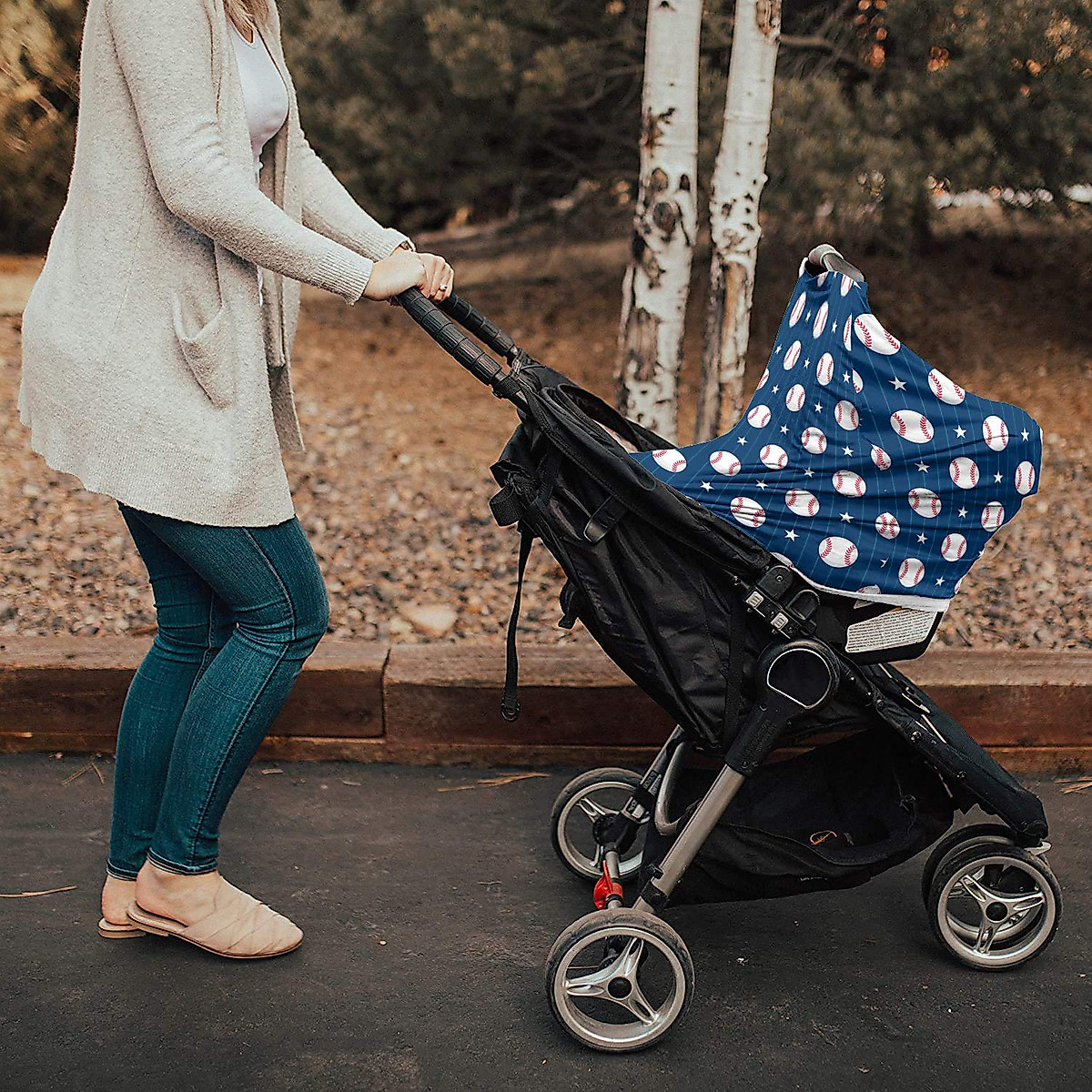 Cartoon Ball Nursing Cover, Breastfeeding Scarf, Soft Breathable Infant Carseat Canopy, Shopping Cart, High Chair, Stroller Covers 26x27.6 inches Baseball with Stars Blue Background