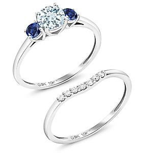 10K White Gold Sky Blue Aquamarine and Blue Created Sapphire and White Lab Grown Diamond 3-Stone Bridal Engagement Wedding Ring Set For Women (0.73 Cttw, Gemstone March Birthstone, Round 5MM, Size 5)