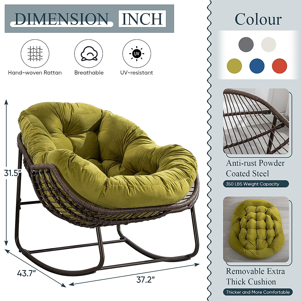 Outdoor Rocking Chair, Patio Oversized Rattan Egg Rocking Chair, Indoor Outside Padded Cushion Rocker Recliner Chair, Modern Lounge Chair for Front Porch, Garden, Backyard, Balcony, Deck, Olive Green