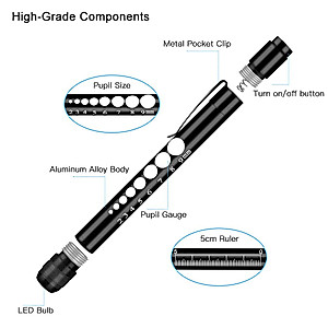 Opoway Pen Light Nurse Pen Light Medical Pen Lights with Pupil Gauge for Nurses Doctors Nursing Students 2pcs Black with Batteries(2 Replacement Warm Light Bulbs Included)