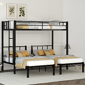 L Shaped Metal Triple Bunk Bed for 3 Kids, Twin over Twin & Twin Bunk Beds with Build in Ladder and Guardrails, Twin over Twin & Twin XL Triple Bunk for Kids, Teens, Adults, Black Triple Bunk Bed