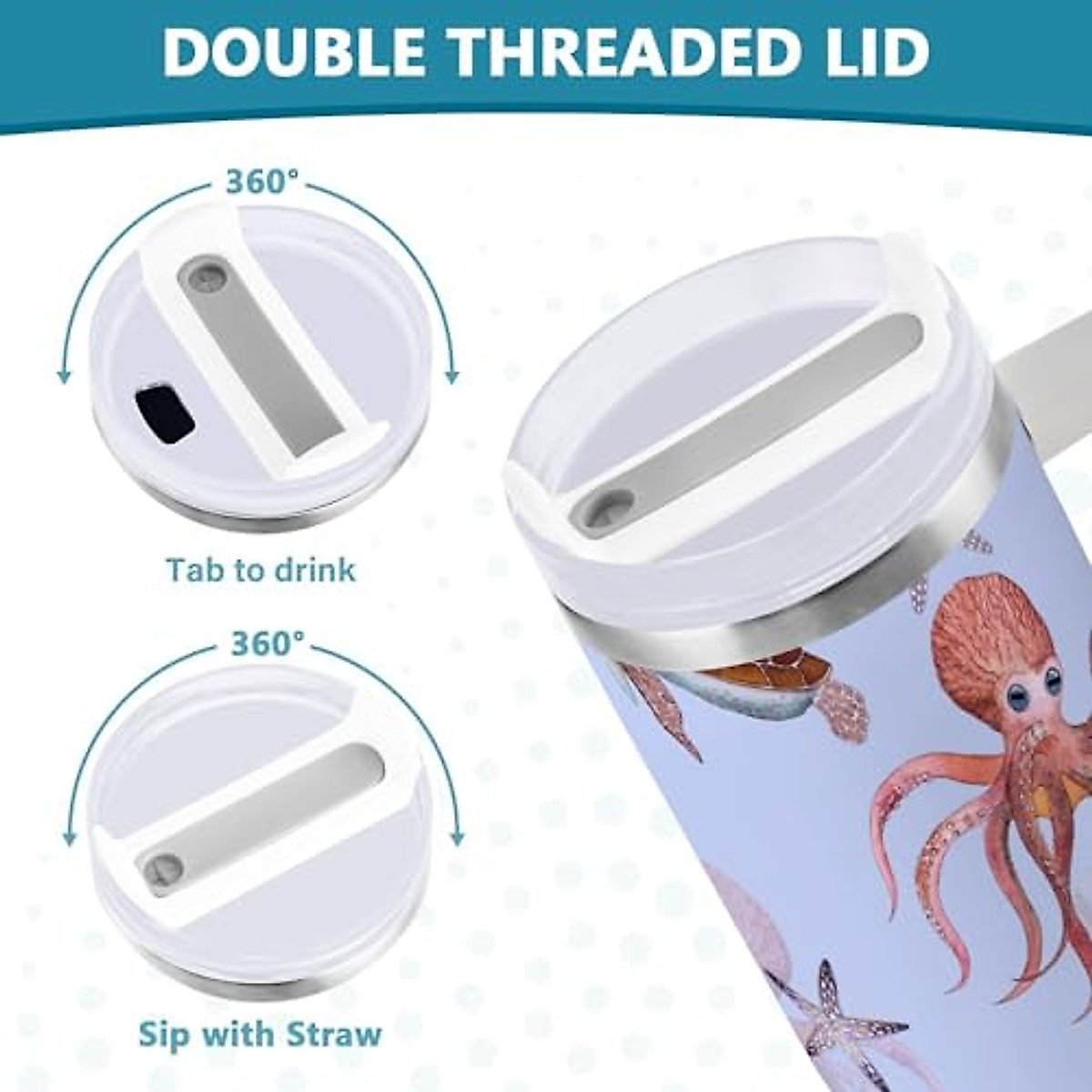 DIGTIA Stainless Steel Insulated Tumbler w/Handle & Straw, Turtles Octopus Double Wall Vacuum Travel Coffee Mug Cup w/Lid, Leak-Proof Sports Fish Sea Water Bottle,30oz