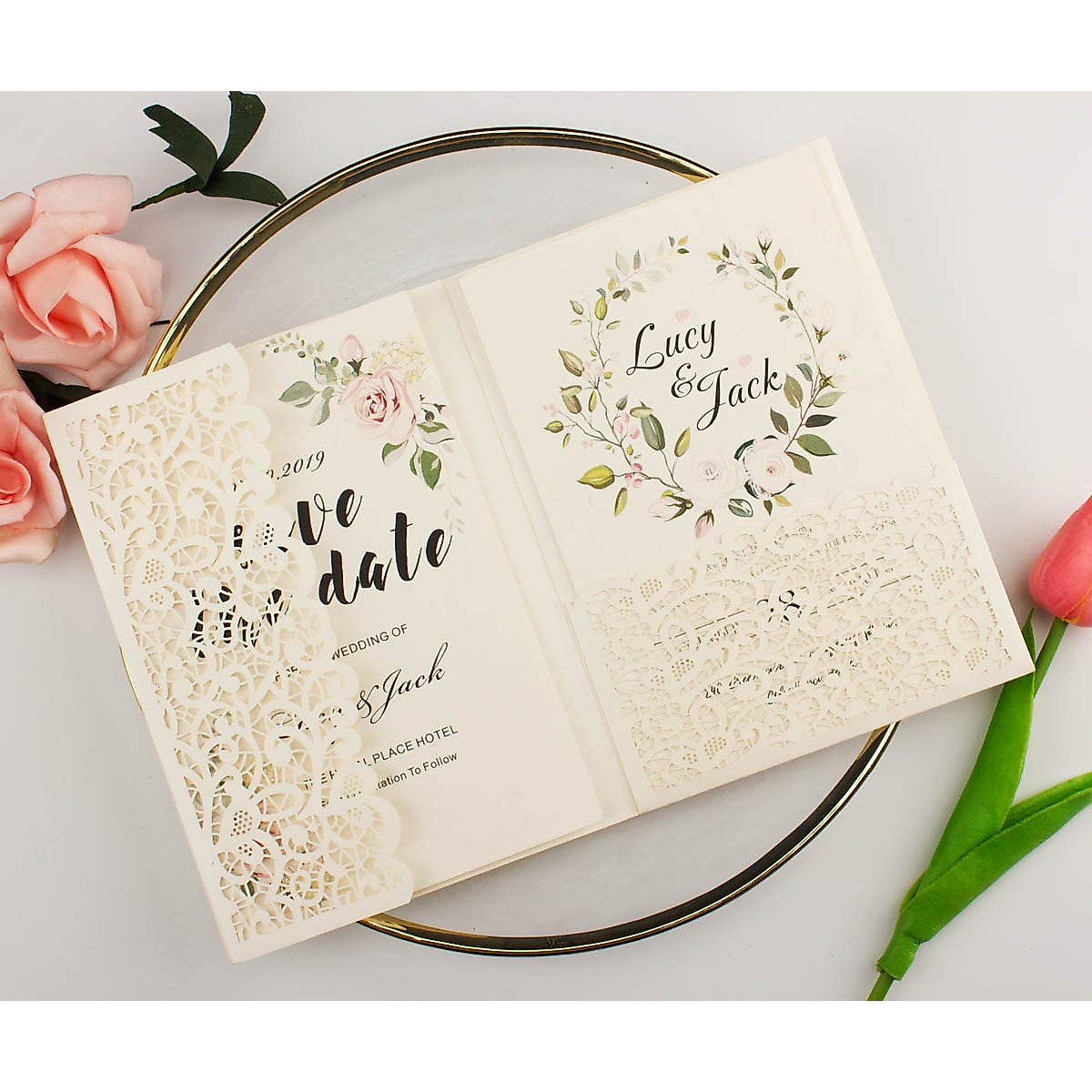 25 sets Vinatge Pearl Ivory Tri Fold Wedding Invitations Cards With Envelopes Inserts for Bridal Shower Birthday 5X7