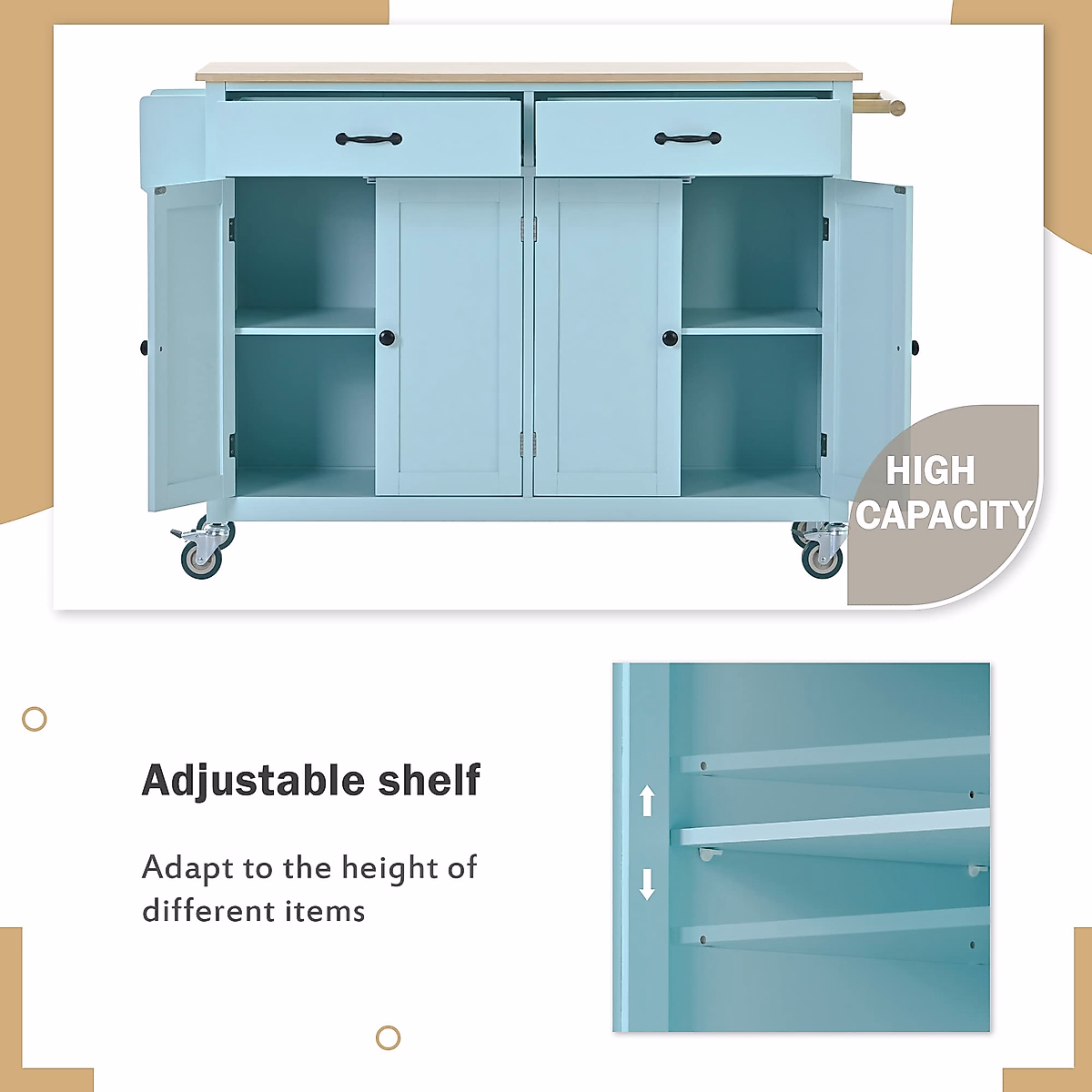 GLANZEND Kitchen Island Cart on Locking Wheels with 4 Cabinet and 2 Drawers, Rolling Coffee Bar Trolley w/Solid Wood Tabletop, Adjustable Shelves, Spice & Towel Side Rack,Mint Green, 54.3 Inch