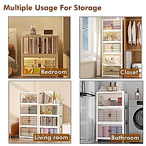 OEMVALATY 4-tier storage bins with lids,large plastic storage bins with lids and doors 60 Qt(16 Gal) per tier,closet organizers and storage,Stackable storage box,Folding Storage Box with Wheels