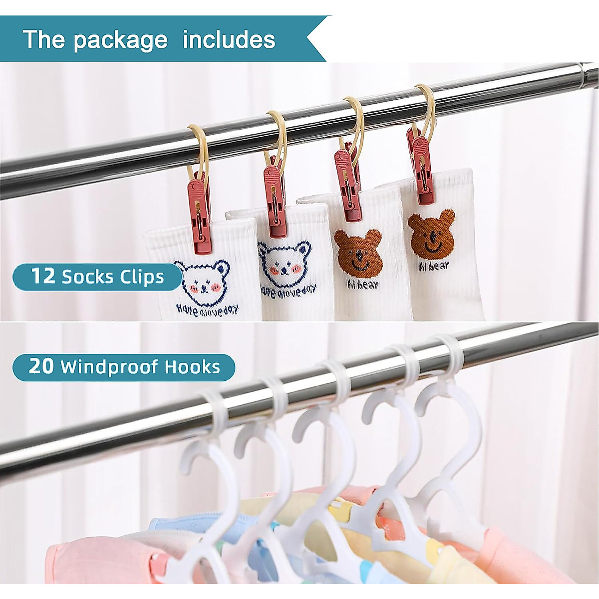 GUNQIUBA Clothes Drying Racks, Heavy Duty Stainless Steel Clothes Standing Drying Pole with 20 Windproof Hooks for The Balcony Indoor or Outdoor, Length Adjustable and Foldable (79 inch)