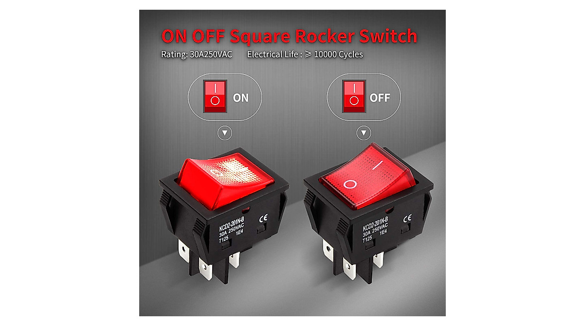 DaierTek 30A Rocker Switch - Heavy Duty Red Lighted Switch