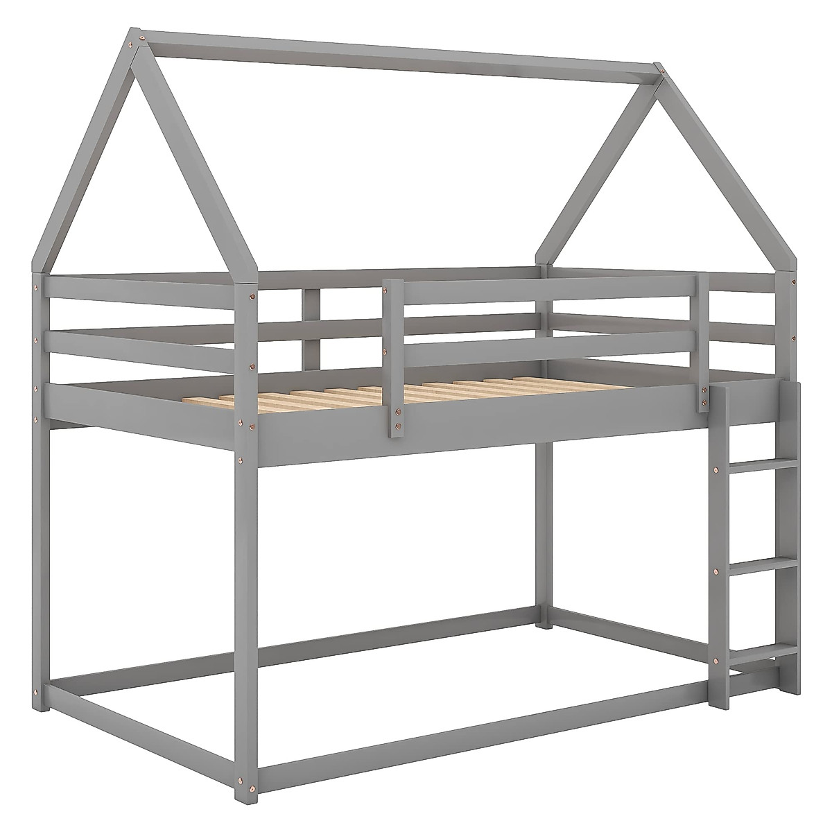 Wooden House Bunk Bed, Twin Over Twin House Bunk Bed with Ladder, Girls Boys House Bunk Bed Frame, Floor Twin Toddler Bunk Bed Twin Size for Kids, Teens, Grey