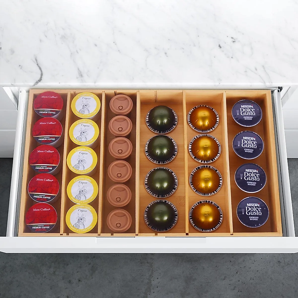 Vencer Bamboo K Cup Holder Coffee Station Organizer with 5 Adjustable Partitions,K Cup and Tea Bag Organizer for Coffee Station Home Office and Kitchen,VTO-034