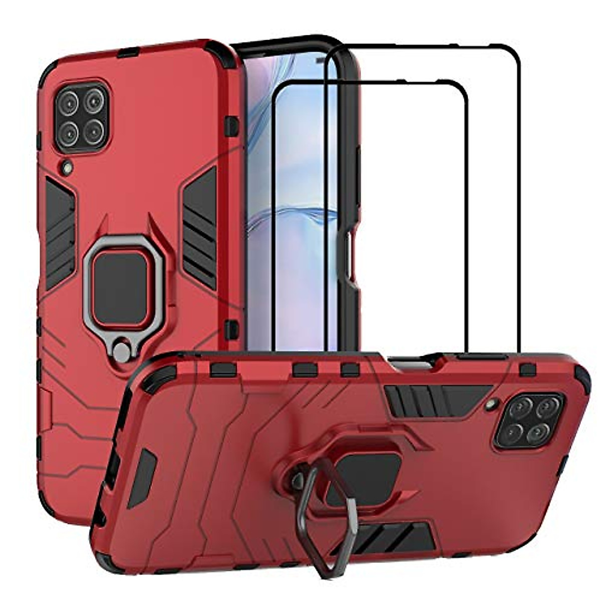EasyLifeGo for Huawei P40 lite/Huawei Nova 7i Kickstand Case with Tempered Glass Screen Protector [2 Pieces], Hybrid Heavy Duty Armor Dual Layer Anti-Scratch Case Cover, Red