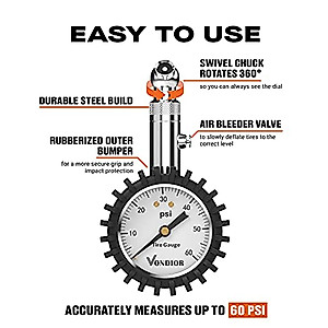 Tire Pressure Gauge - (0-60 PSI) Heavy Duty, Certified ANSI Accurate with Large 2 Inch Easy to Read Glow Dial, Low - High Air Pressure Gauge. Tire Gauge for Car and Trucks Tires by Vondior (White)
