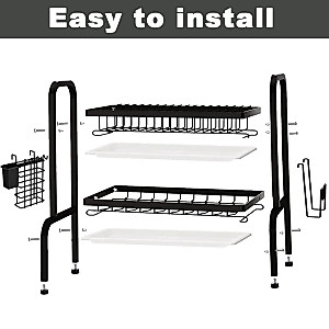 Dish Drying Rack, Rustproof 2-Tier Dish Rack -Multifunctional Dish Rack with Utensil Holder, Cutting Board Holder and Dish Drainer for Kitchen Counter (Black)