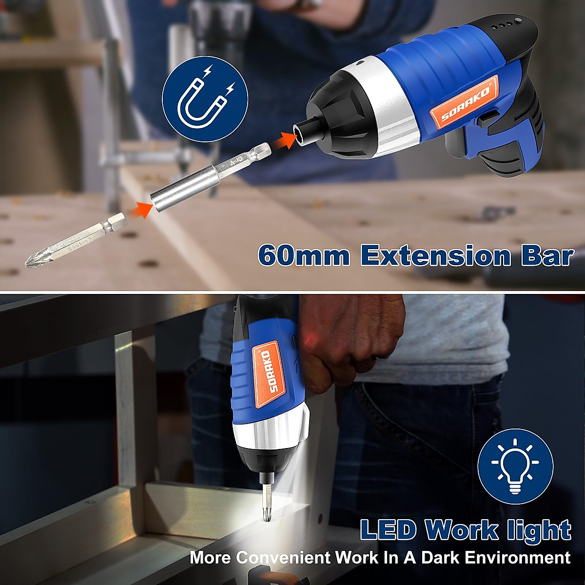 Electric Screwdriver, SORAKO Cordless Screwdriver Rechargeable 4V Max, Power Screwdriver with LED Light, 1300mAh Battery Screwdriver 6 Nm 30 PCS Screw Gun Accessories for Home DIY, Car Repair