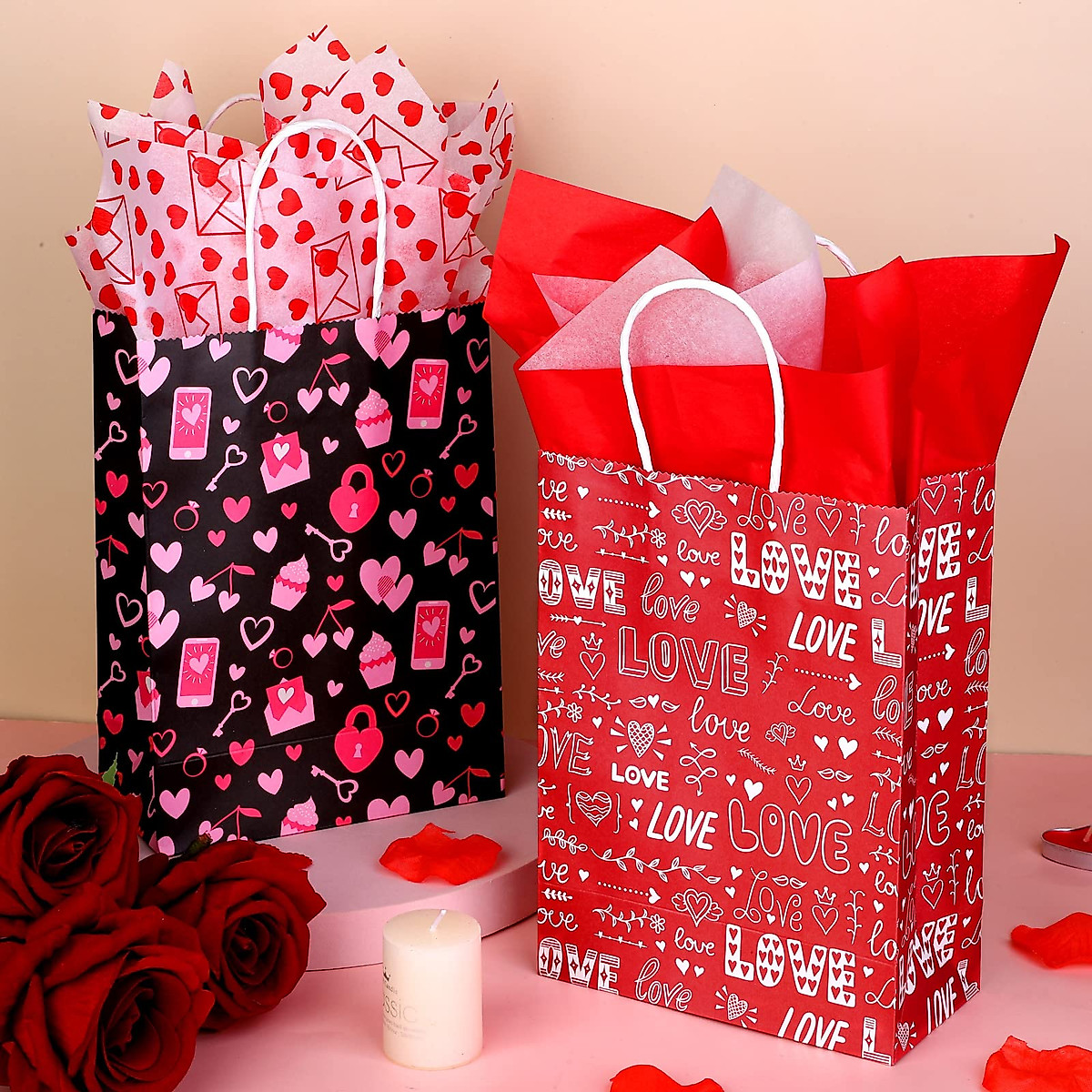 Fovths 16 Pieces Valentines Bags with 24 Sheets Tissue Paper 8.6 Inch Valentine Paper Gift Bags with Handle Love Gift Bag for Valentine's Day Wedding Birthday Party Supplies
