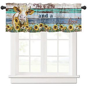 ZEREAA Farmhouse Cows with Sunflower Wooden Texture Privacy Decorative Rod Pocket Short Window Valance Curtains for Kitchen, Living Room, Bedroom, Bathroom 54" W x 18" L
