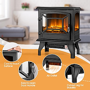 Tangkula 20 Inches Electric Fireplace Stove, Freestanding Fireplace Infrared Heater with Adjustable Thermostat and Realistic Flame Effect 1400W Indoor Space Heater with Overheating Safety Protection
