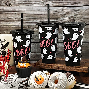 JarThenaAMCS 12Pcs Halloween Plastic Cups with Straw and Lid Cute Ghost Tumbler Boo Plastic Cups for Cold Drinks Halloween Decoration Party Favors