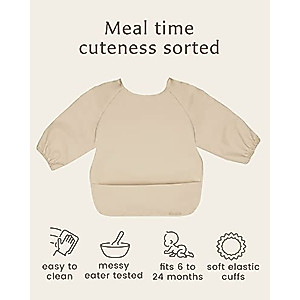 WILLOW + SIM Long Sleeve Baby Bibs - Wipe Clean, Washable with Food Catcher - Long Sleeve Bib for Babies, Toddler - Parchment