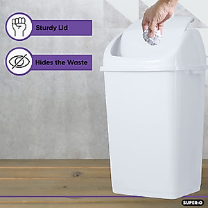 Superio Kitchen Trash Can 13 Gallon with Swing Lid, Plastic Tall Garbage Can Outdoor and Indoor, Large 52 Qt Recycle Bin and Waste Basket for Home, Office, Garage, Patio, Restaurant (White)