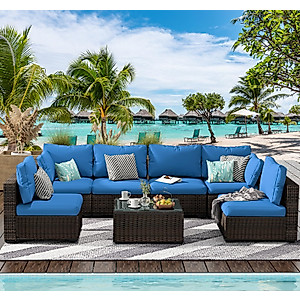 gaildon Patio Furniture Set 7 Piece Outdoor Wicker Sectional Sofa - All Weather PE Rattan Couch Conversation Set with Cushion & Glass Top Table for Backyard Deck Porch, Blue