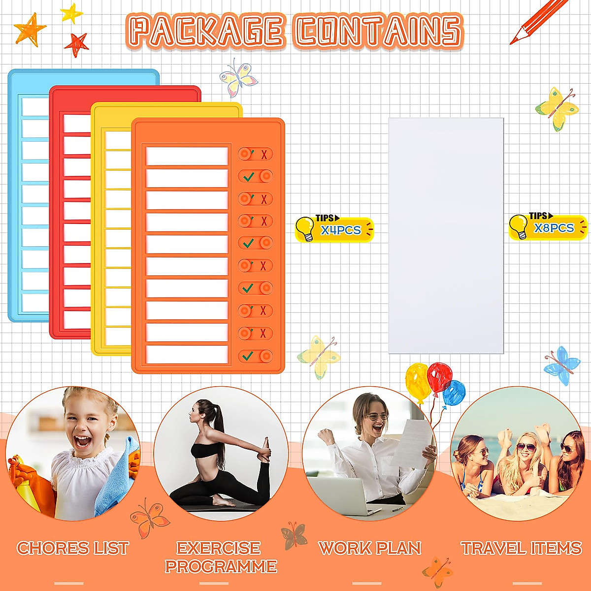 Queekay 4 Pcs Blank Chore Chart Kids Chore Chart, Plastic Checklist Board with 8 Detachable Cardstock to Do List for Home Routine Planning (Red, Orange, Blue, Yellow)