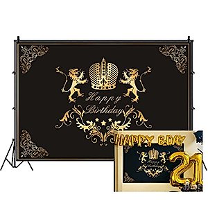 CSFOTO 7x5ft Polyester Happy Birthday Backdrop for Men Black Gold Birthday Banner Lion Birthday Backdrop King Crown Backdrop Lion Birthday Party Supplies Men Birthday Background