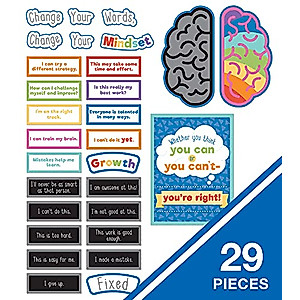 Carson Dellosa 29-Piece Growth Mindset Bulletin Board Set―Motivational Poster, Change Your Words Header, Fixed and Growth Brain With Mindset Phrases, Growth Mindset Bulletin Board Decorations