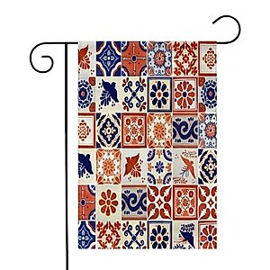 Double-sided garden flag Mexican Talavera Ceramic Tile Pattern Ethnic Folk Outdoor Flag Garden Flag Yard Outdoor Decoration （12×18in）.