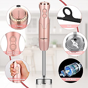 Keylitos 5-in-1 Immersion Hand Blender, Powerful 12-Speed Handheld Stick Blender with 304 Stainless Steel Blades, Chopper, Beaker, Whisk and Milk Frother for Smoothie, Baby Food, Sauces Red,Puree, Soup (Golden Pink)