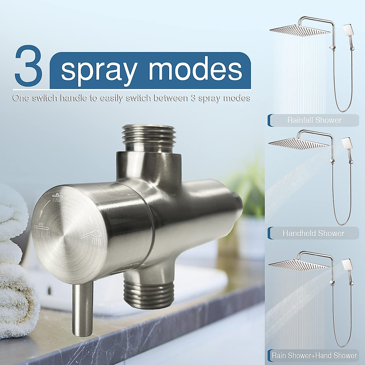 HOMVIVA® All Solid Metal 3-Way Shower Arm Diverter Valve with 16 Inch Shower Head Extension Arm And High Rise Extender for Handheld and Fixed Shower Head, G1/2 Universal with Flange,Brushed Nickel