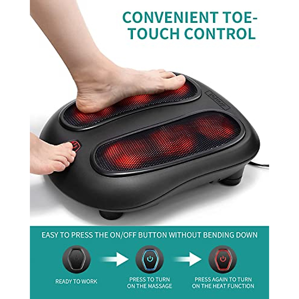 Nekteck Foot Massager with Heat, Shiatsu Heated Electric Kneading Foot Massager Machine for Plantar Fasciitis, Built-in Infrared Heat Function and Power Cord (Black)