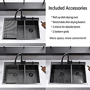 33 Inch Drop In Black Double Bowl Kitchen Sink, Gabhar 33" x 22" 16Gauge Topmount Black Stainless Steel 60/40 Double Bowl Kitchen Sinks
