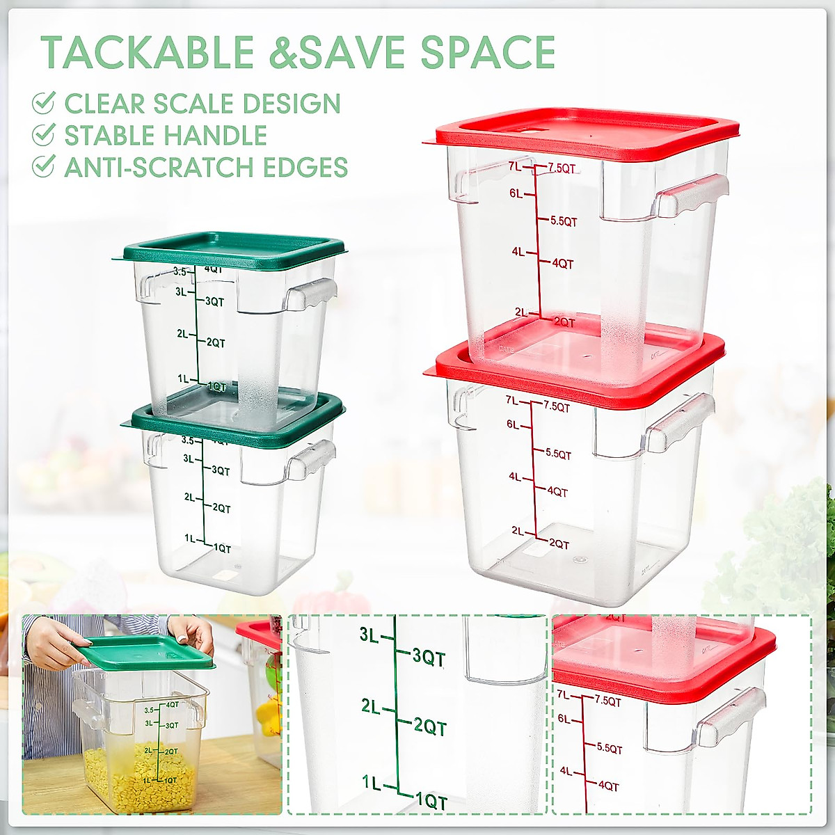 Lallisa 4 Pcs Food Storage Containers with Scales 8 qt and 4 qt Square Containers with Lids and Handles Polycarbonate Air Tight for Home Storage Kitchen Restaurant(Red, Green)