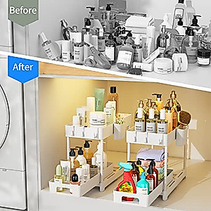 XEAPOMS Under Sink Organizers and Storage, 2 Pack Multi-Purpose Under Sink Organizer with Sliding Storage Drawer, 8 Hooks & 2 Hanging Cups, 2 Tier Under Sink Storage for Cabinet Bathroom Kitchen,White