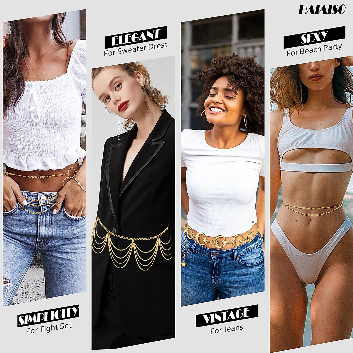 HAIAISO 5PCS Belly Waist Chain Multi-layer Metal Waist Chain Adjustable Body Link Belts Summer Bikini Sexy Waist Body Chain Jewelry for Women(Gold)