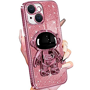 Buleens for iPhone 13 Mini Case Astronaut, Clear Cases for iPhone 13 Mini with Glitter Paper & Spaceman Stand, Women Girls Cute Electroplated Sparkly Space Phone Cover for 13 Mini