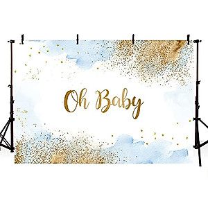 Sendy 7x5ft Oh Baby Backdrop for Boys Watercolor Pastel Photography Background Blue Clouds Gold Glitter Baby Shower Party Decorations Cake Table Banner Supplies Photo Studio Props