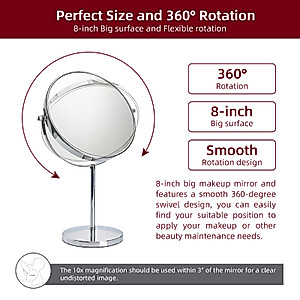Tabletop Makeup Mirror with Magnification 8" Double-Sided Vanity Mirror 1X/10X Magnifying Mirror with Stand,Classic Round Desktop Make Up Mirror for Bathroom Bedroom,15" Height,Bright Silver,No Light