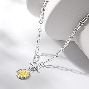 Ross-Simons Italian Sterling Silver and 18kt Gold Over Sterling Replica Bumblebee Lira Coin Paper Clip Link Toggle Necklace 20 inches