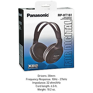 Panasonic Headphones, Lightweight Over the Ear Wired Headphones with Clear Sound and XBS for Extra Bass, Long Cord, 3.5mm Jack for Phones and Laptops – RP-HT161-K (Black)
