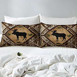 Moose Duvet Cover Queen Size 3 Pcs Barn Door Wooden Stripes Rustic Farmhouse Bedding Set for Kids Teens Adults Cartoon Tribal Arrow Wild Animal Plants Comforter Cover with 2 Pillowcases