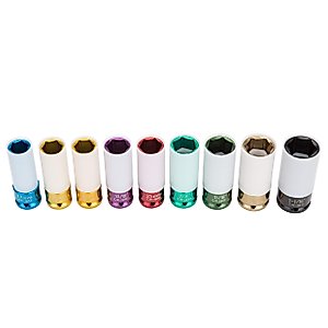 OEMTOOLS 24224 Wheel Protector Extra Thin Wall Impact Socket Set, 1/2 Drive, 9 Piece | Won’t Scratch Wheels or Lug Nuts | Color Coded Sockets, Easy to Find | 6 SAE & 3 Metric Sockets | Carrying Case