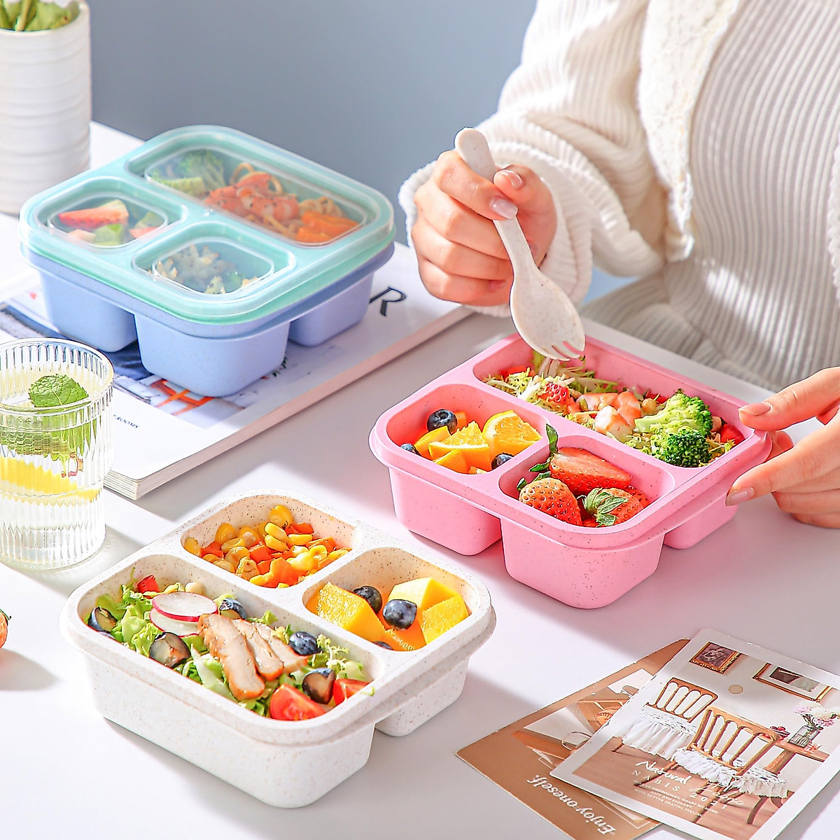 Bento Box For Kids, 4 Pack 3 Compartments Meal Prep Containers Reusable Lunch Containers, Food Storage Containers With Lids, Stackable Snack Boxes for School, Work, and Travel