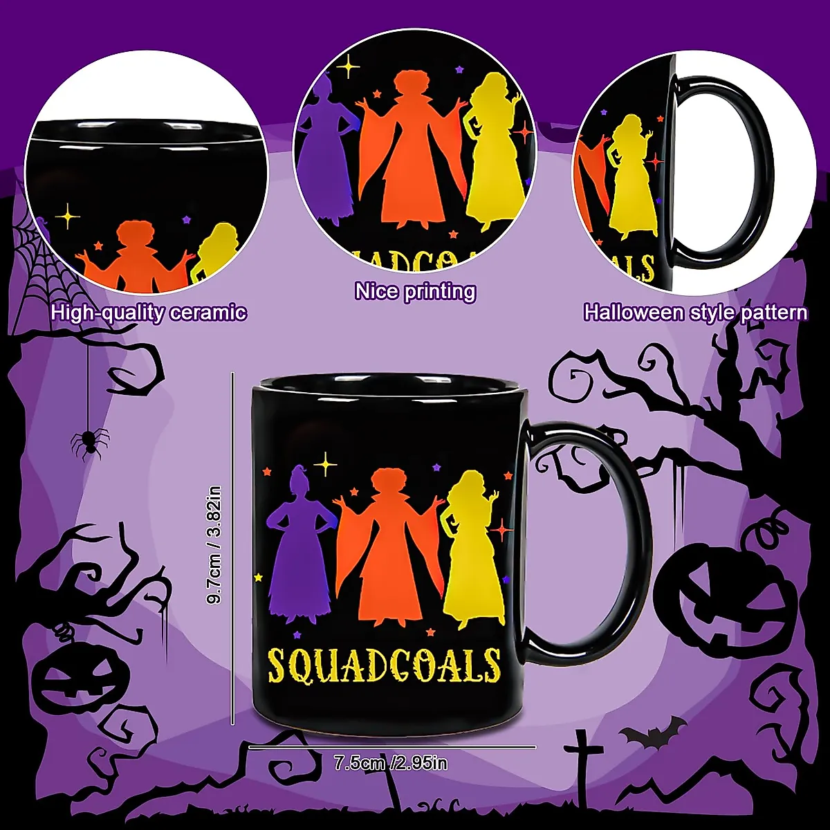 Whaline 2Pcs Halloween Mug Set 12oz Witch Coffee Mugs Hocus Pocus Ceramic Drinking Mugs for Home Table Centerpieces Housewarming Gift Office School