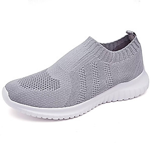 LANCROP Women's Lightweight Walking Shoes - Casual Breathable Mesh Slip On Sneakers Wide 7 US, Label 37.5 Grey
